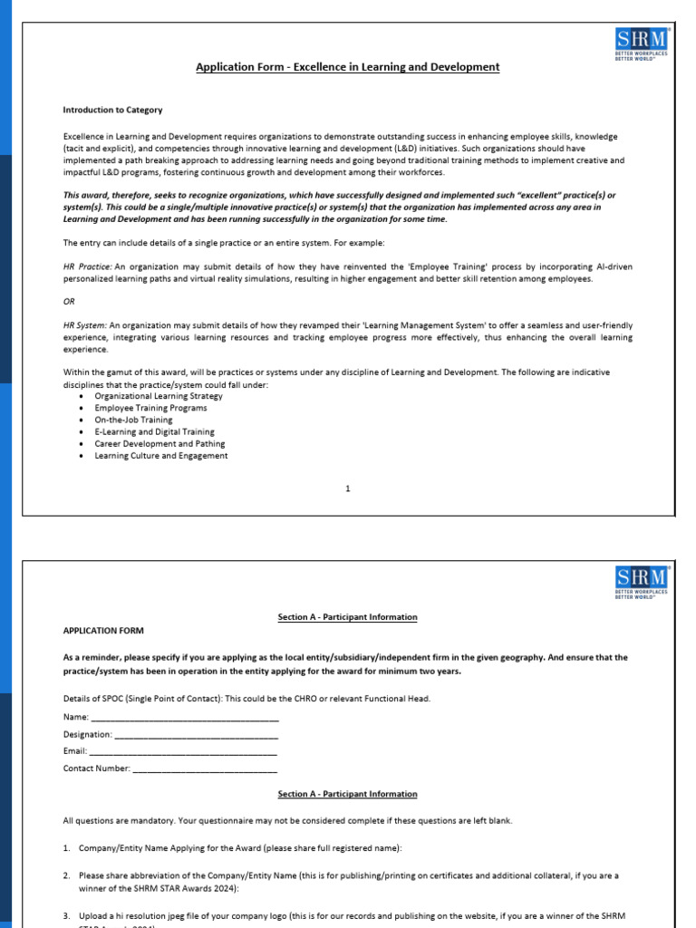 SHRM STAR Awards Learning and Development Application Form | PDF ...