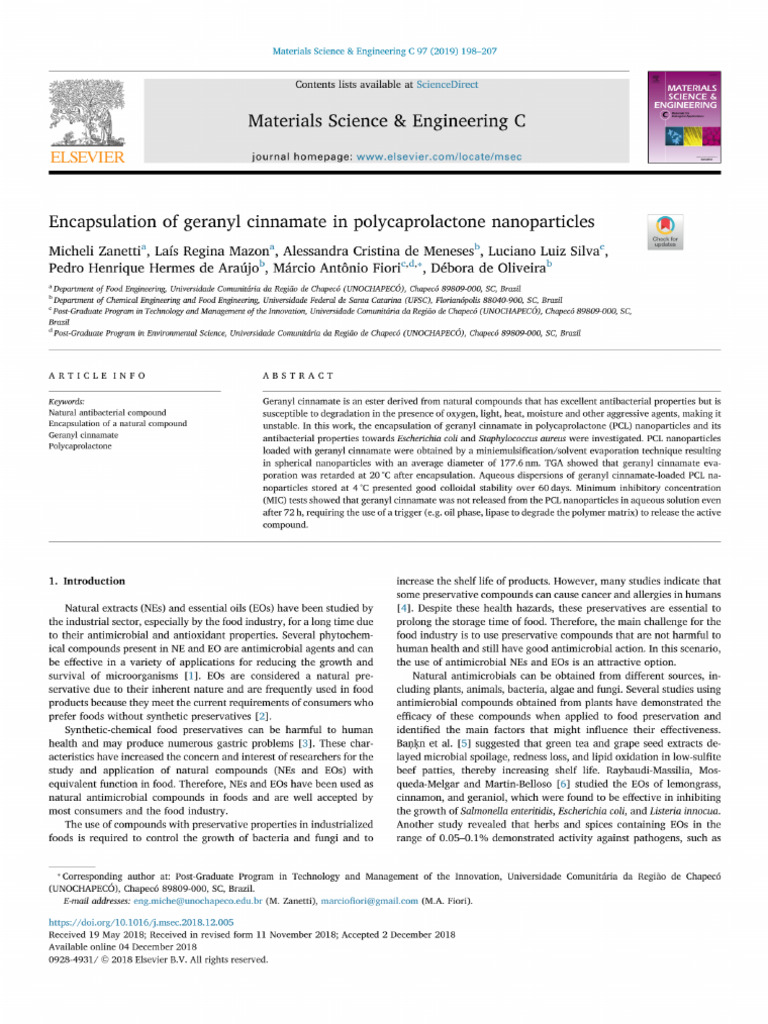 Geranyl Cinnamate in Nanoparticles | PDF