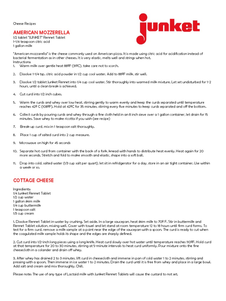 Junket Cheese Recipes and Instructions | PDF | Ricotta | Mozzarella