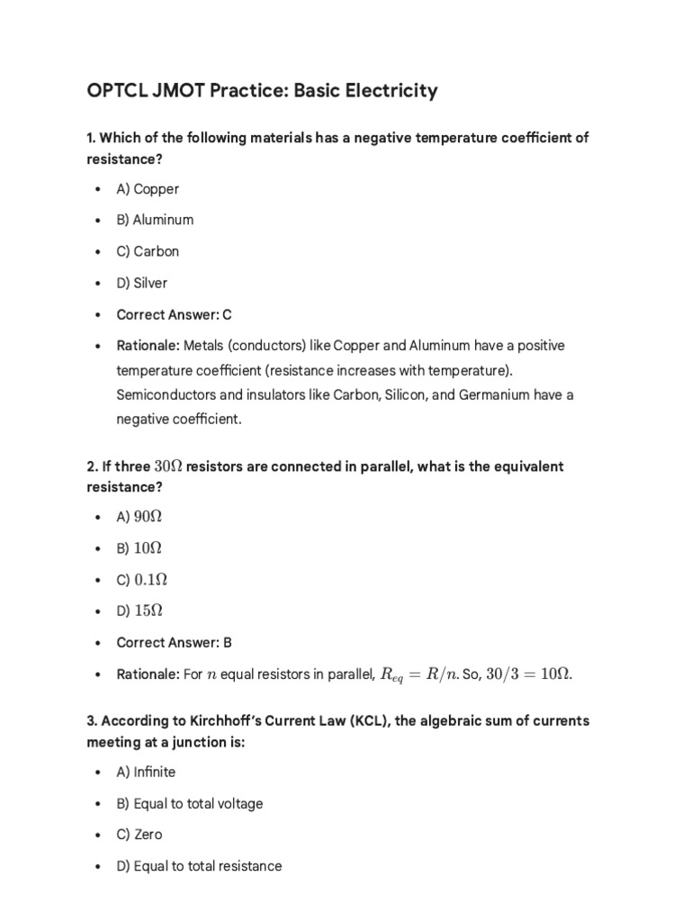 OPTCL JMOT Basic Electricity Quiz | PDF | Series And Parallel Circuits ...