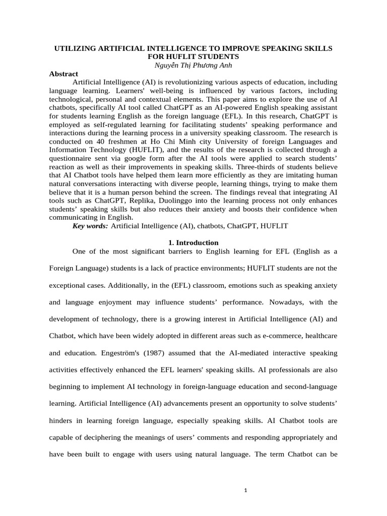 Utilizing Artificial Intelligence to Improve Speaking Skills for Huflit ...