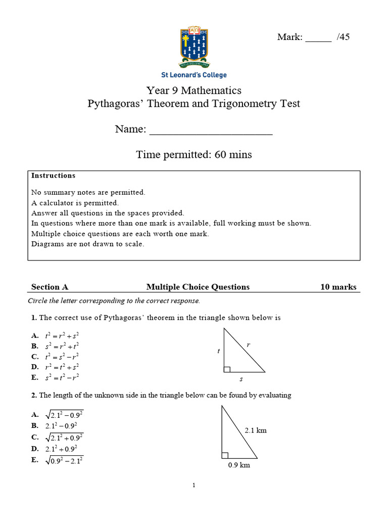 Year 9 Math Test: Pythagoras & Trigonometry | PDF | Triangle ...