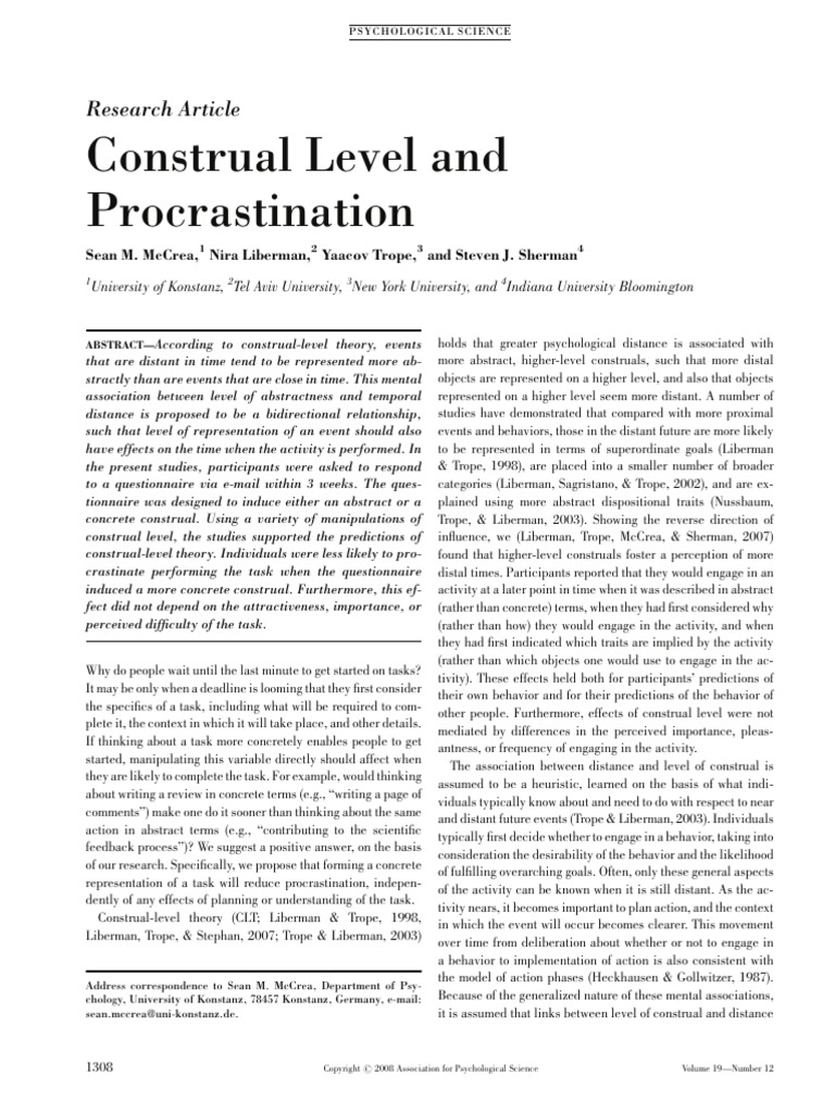 Construal Level Theory and Procrastination | PDF | Psychology ...