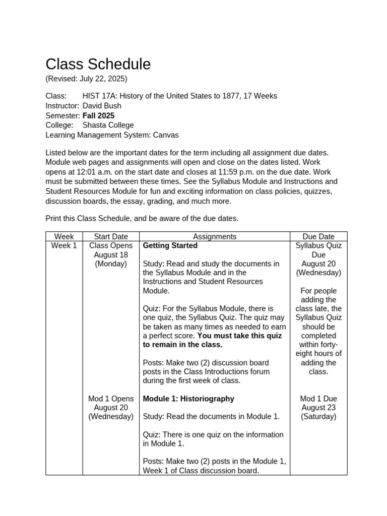 Fall 2025 HIST 17A Class Schedule | PDF