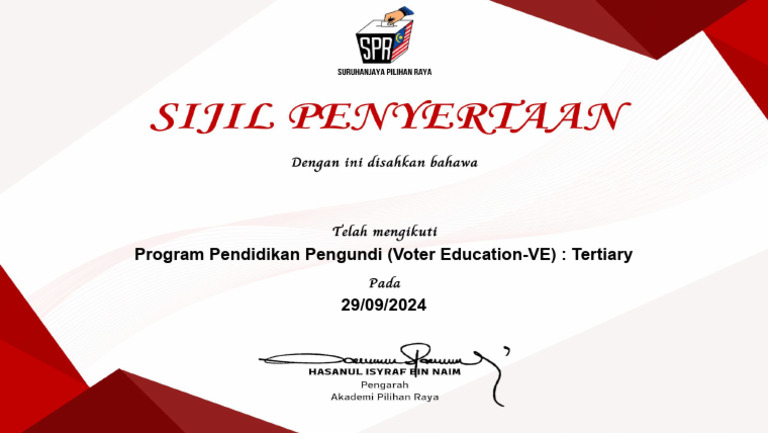 Sijil Pendidikan Pengundi (Ve) Tahun 2024 | PDF