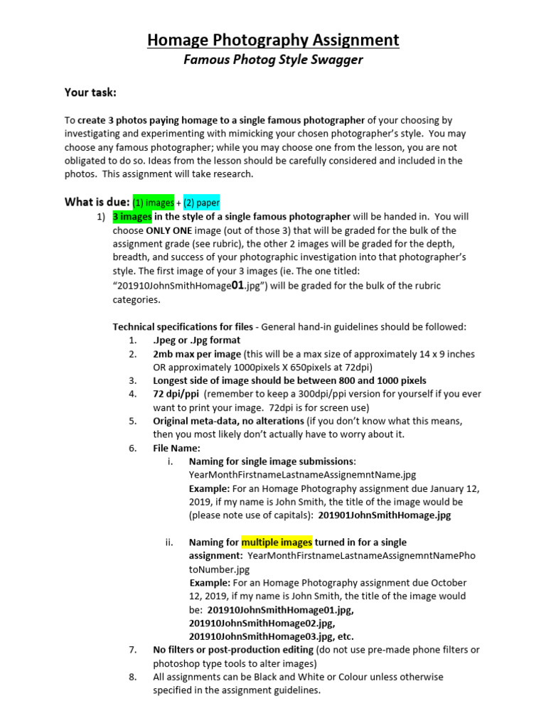Homage Photography Assignment Guide | PDF | Composition (Visual Arts ...