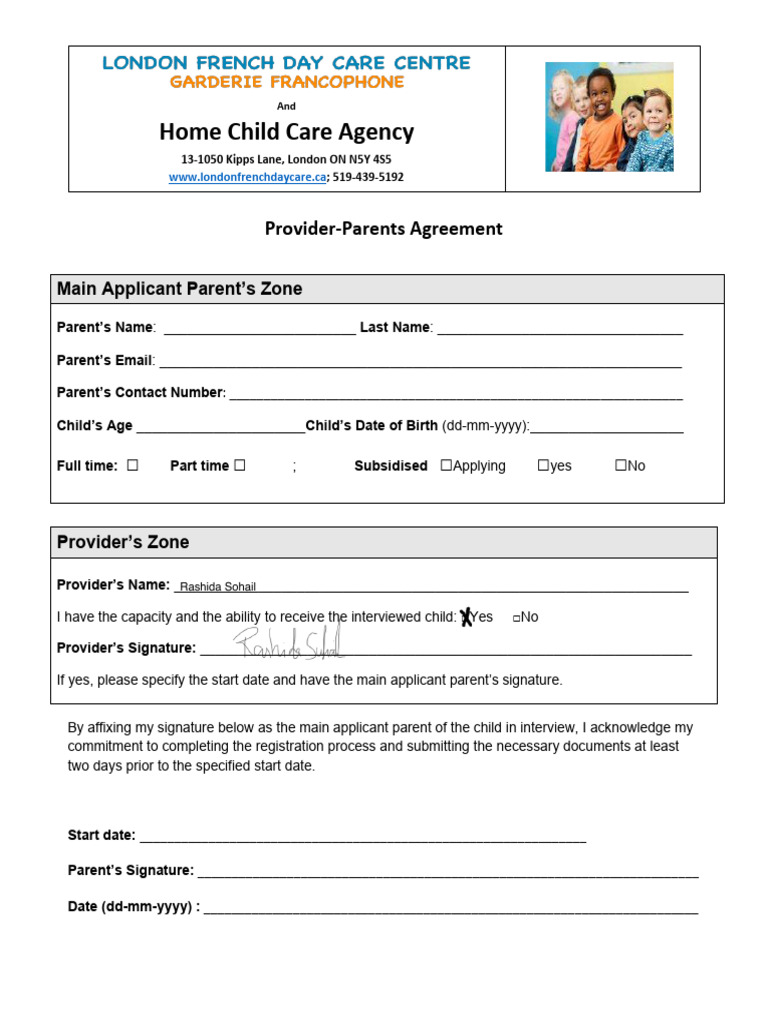 Provider-Parents Agreement Template | PDF