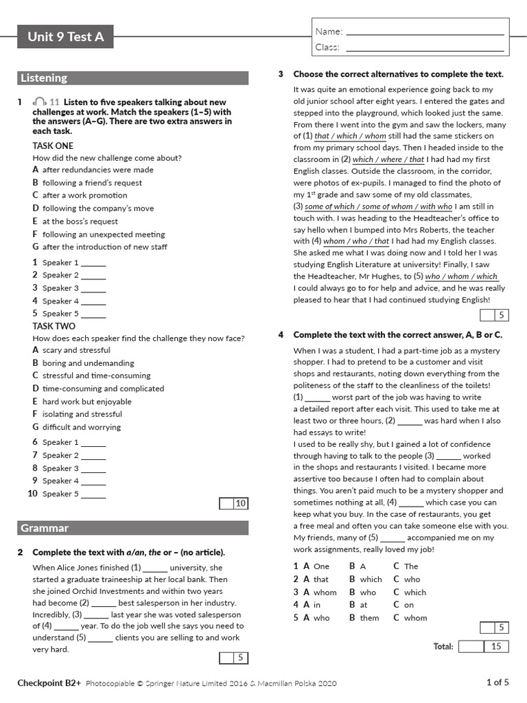 Checkpoint B2+ Unit 9 Test A | PDF