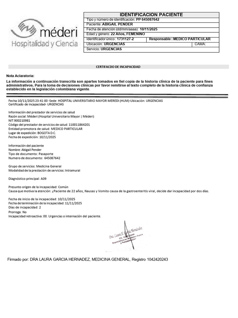 Certificado de Incapacidad por Gastroenteritis | PDF