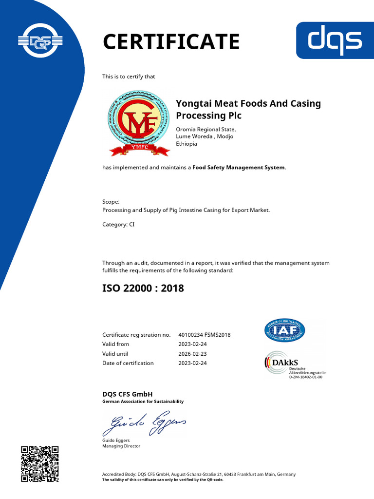 40100234 - Yongtai Meat Foods and Casing Processing Plc - CERTIFICATE ...