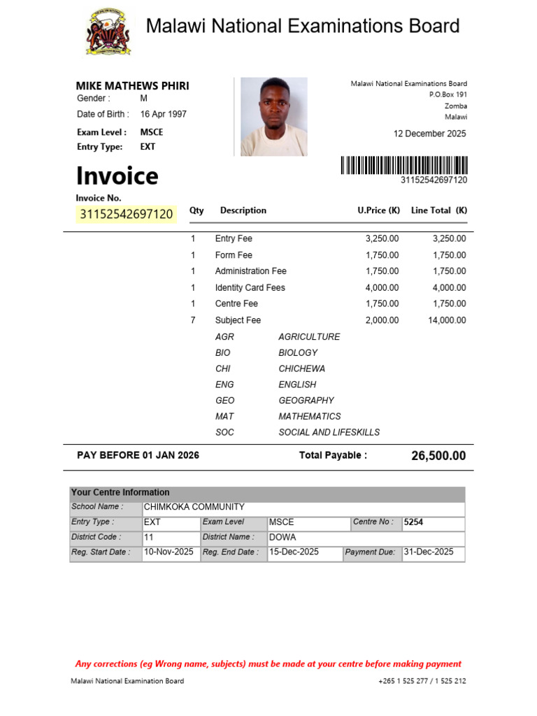 Malawi MSCE Exam Entry Invoice Details | PDF
