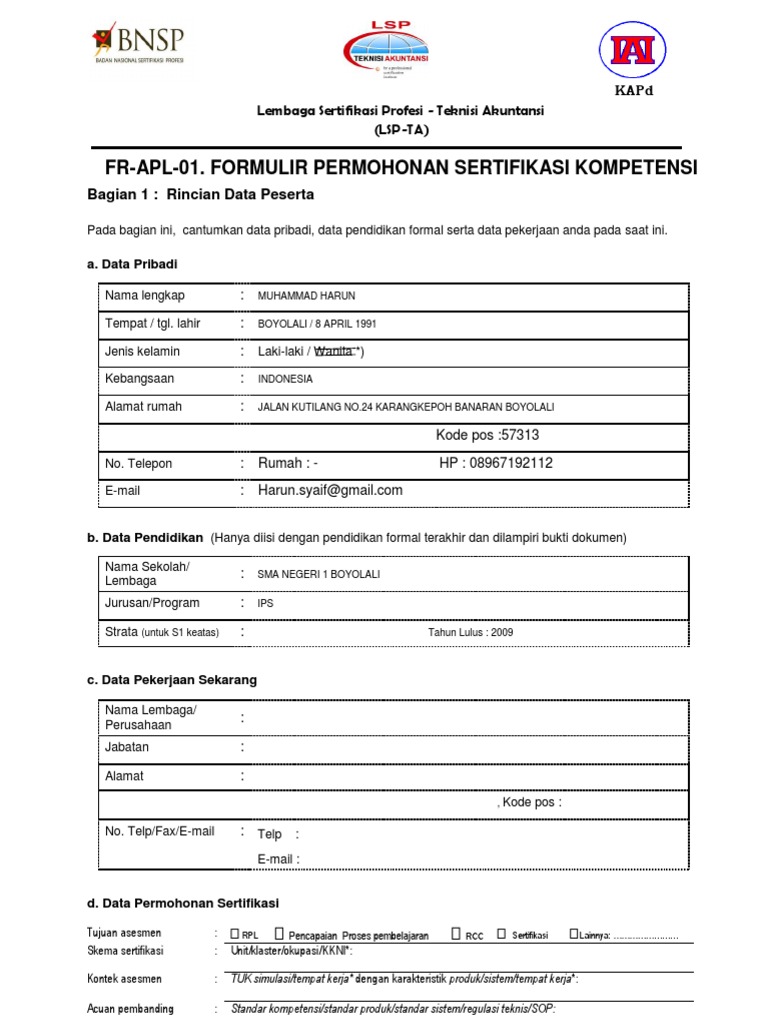 Fr-Apl-01 Aplikasi LSP Ta | PDF