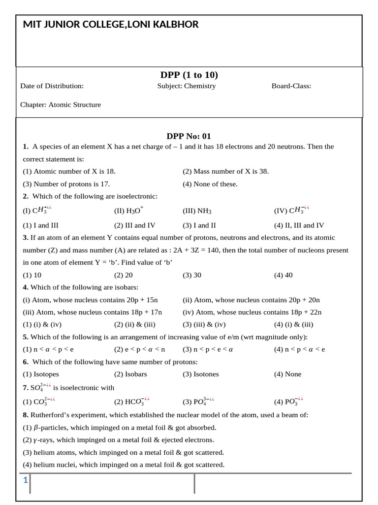 Atomic Structure Dpp 1 to 10 | PDF | Atomic Orbital | Atomic Nucleus