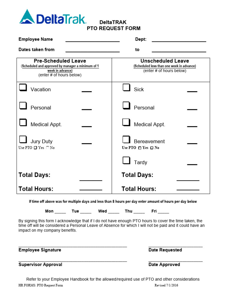 Deltatrak Pto Request Form 2016 | PDF | Employee Relations | Labor ...