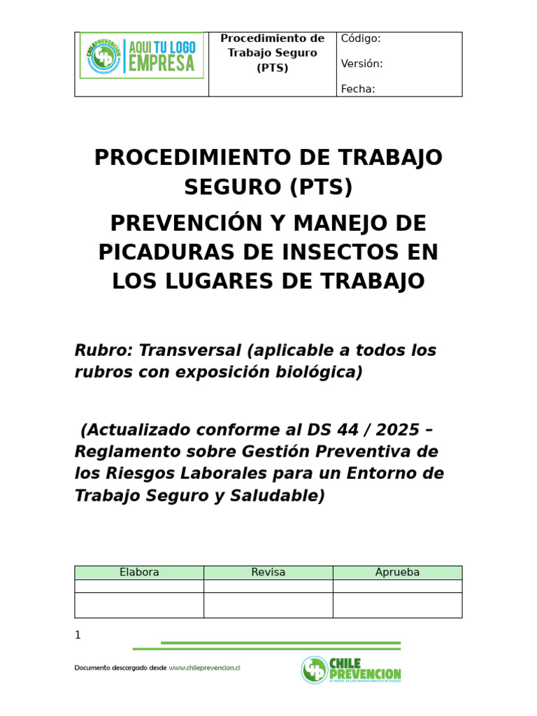PTS PREVENCIÓN Y MANEJO DE PICADURAS DE INSECTOS EN LOS LUGARES DE ...