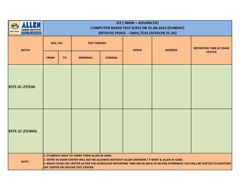 Iit Enthuse- Cmas,Teas (25-26) Cbt Schedule (31.08.2025) | PDF ...