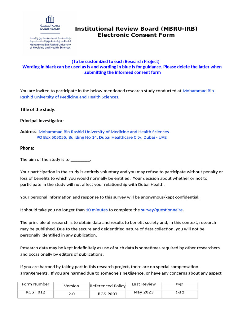 MBRU IRB Electronic Consent Form | PDF | Consent | Institutional Review ...
