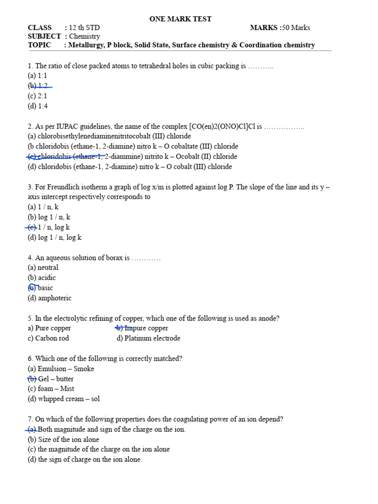 ONE_MARK_TEST_(5_UNITS)[1] | PDF | Ion | Sulfate