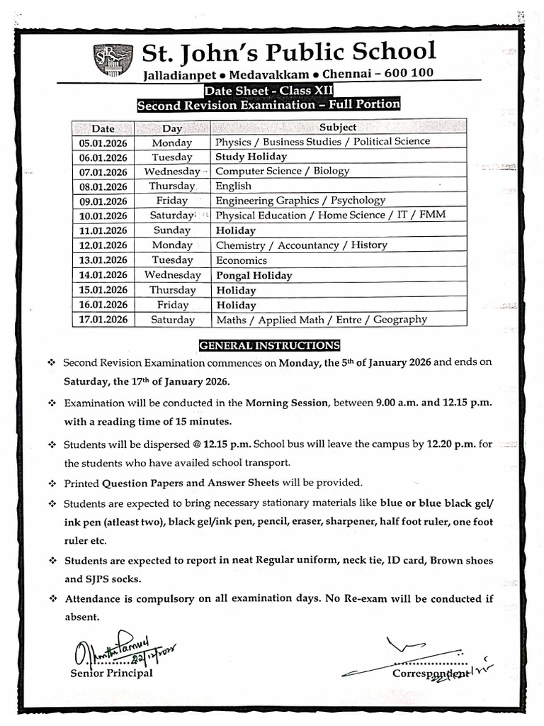 Date Sheet - Second Revision Class 12 | PDF