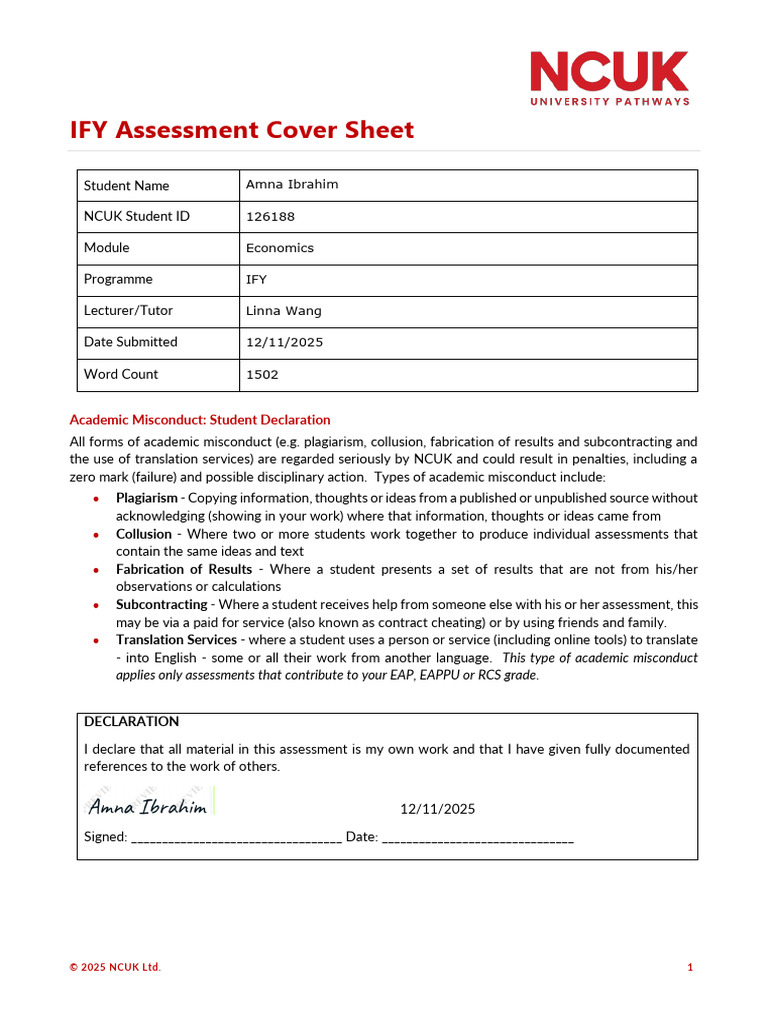IFY Economics Assessment Cover Sheet | PDF