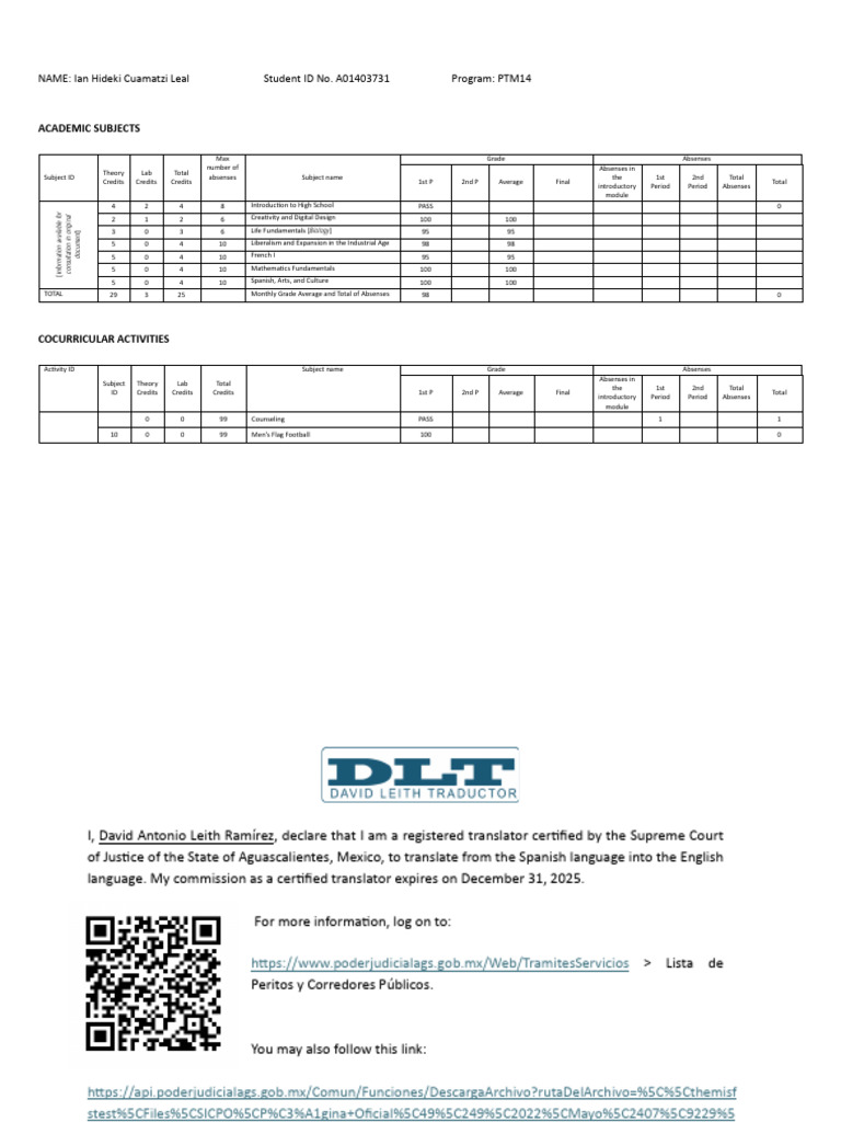 IAN HIDEKI CUAMATZI LEAL_partial Report Card_High School | PDF ...