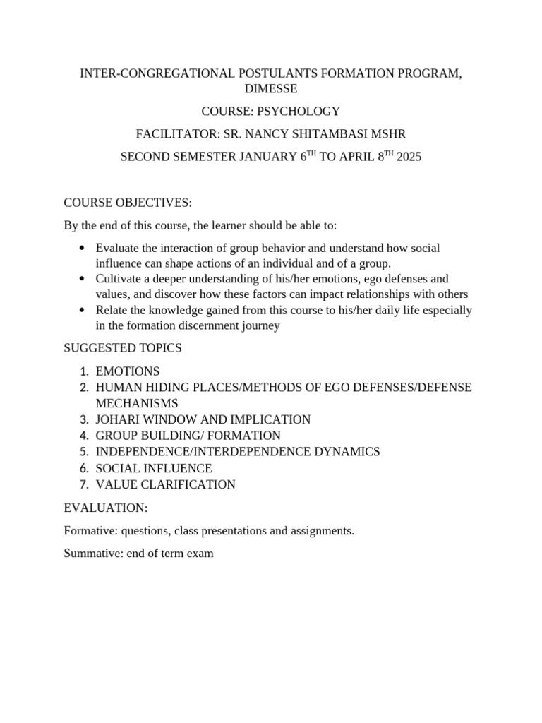 Second Semester 2025 Psychology Course Outline | PDF