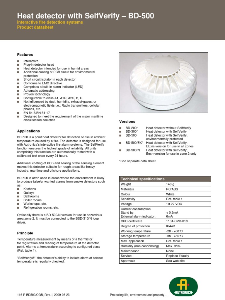 Heat Detector BDH-500 Datasheet | Temperature | Manufactured Goods