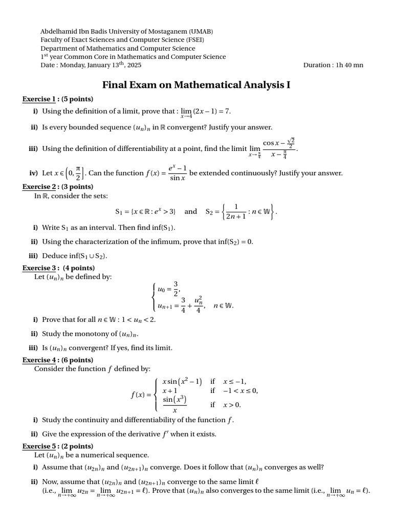 Examen Final d'Analyse I - UMAB 2025 | PDF | Limite (mathématiques ...