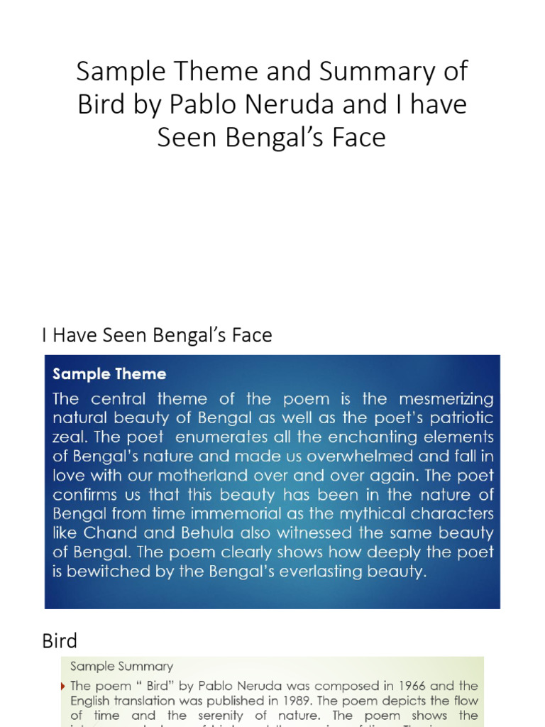 Sample Theme and Summary of Bird by Pablo | PDF
