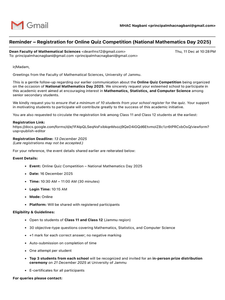 Reminder – Registration for Online Quiz Competition (National ...