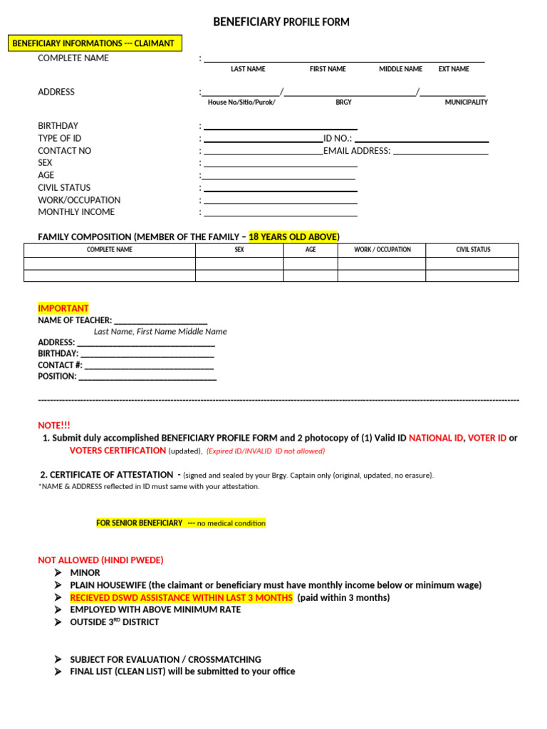 Beneficiary Profile Form 2025 | PDF