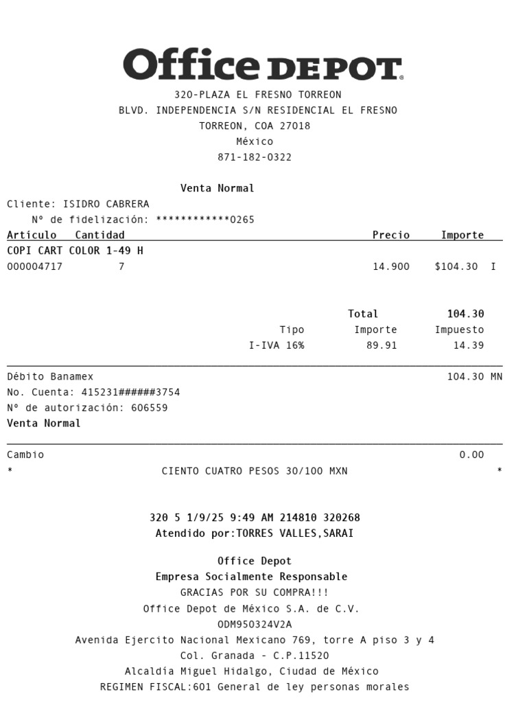 Ticket de compra Office Depot Torreón | PDF