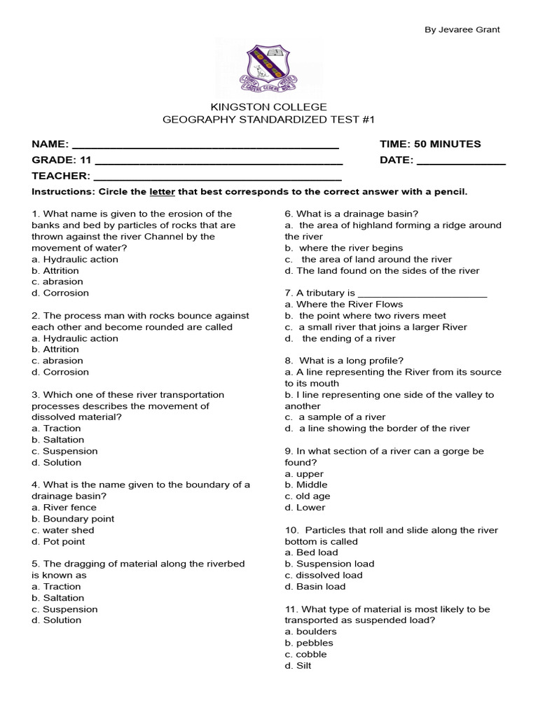 Geography Test for Grade 11 Students | PDF | River | Erosion
