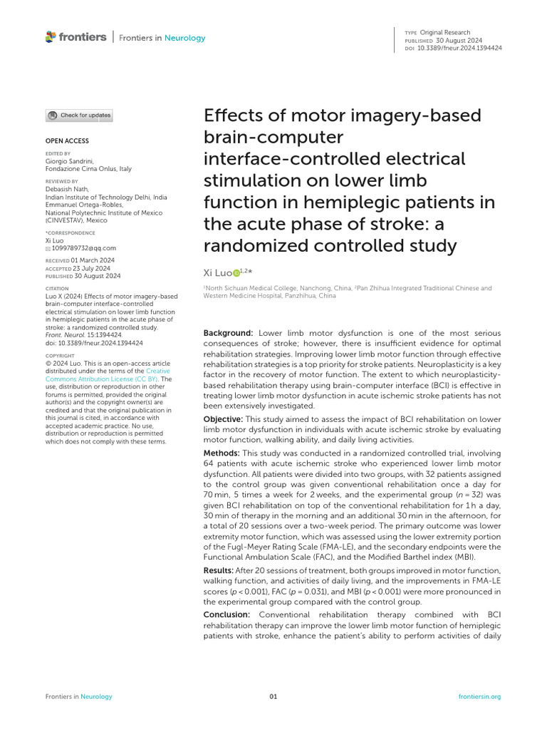 Effects of Motor Imagery-based Brain-computer Interface-controlled ...