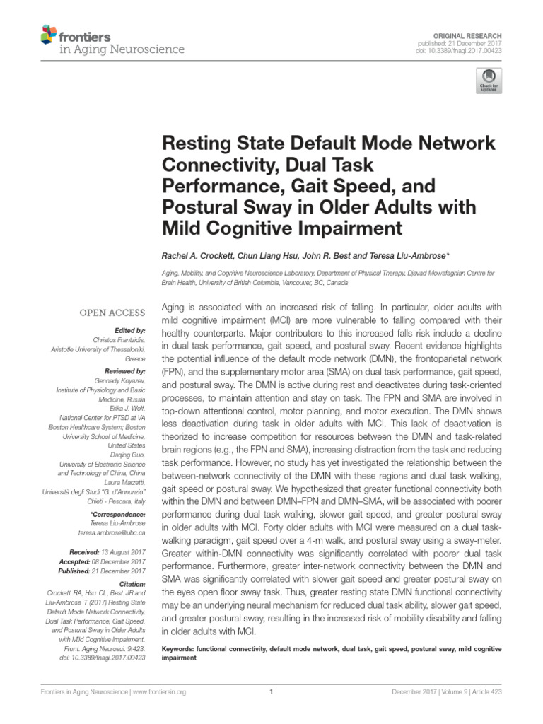 Resting State Default Mode Network Connectivity, Dual Task Performance ...