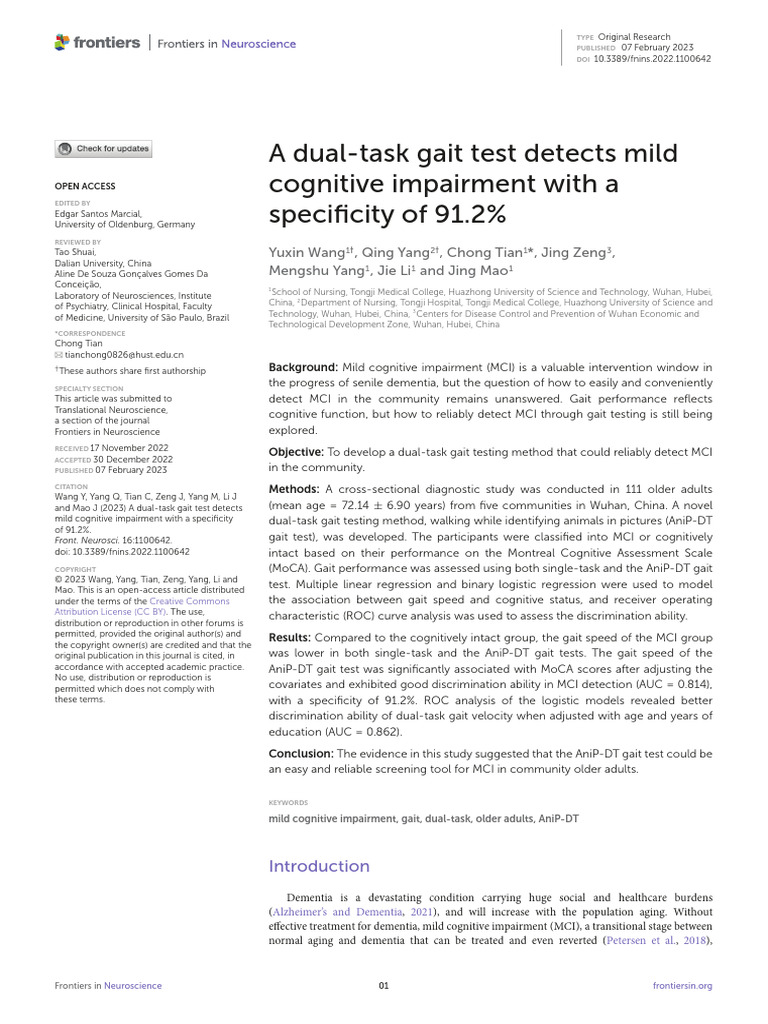 2023 - A Dual-Task Gait Test Detects Mild Cognitive Impairment With A ...