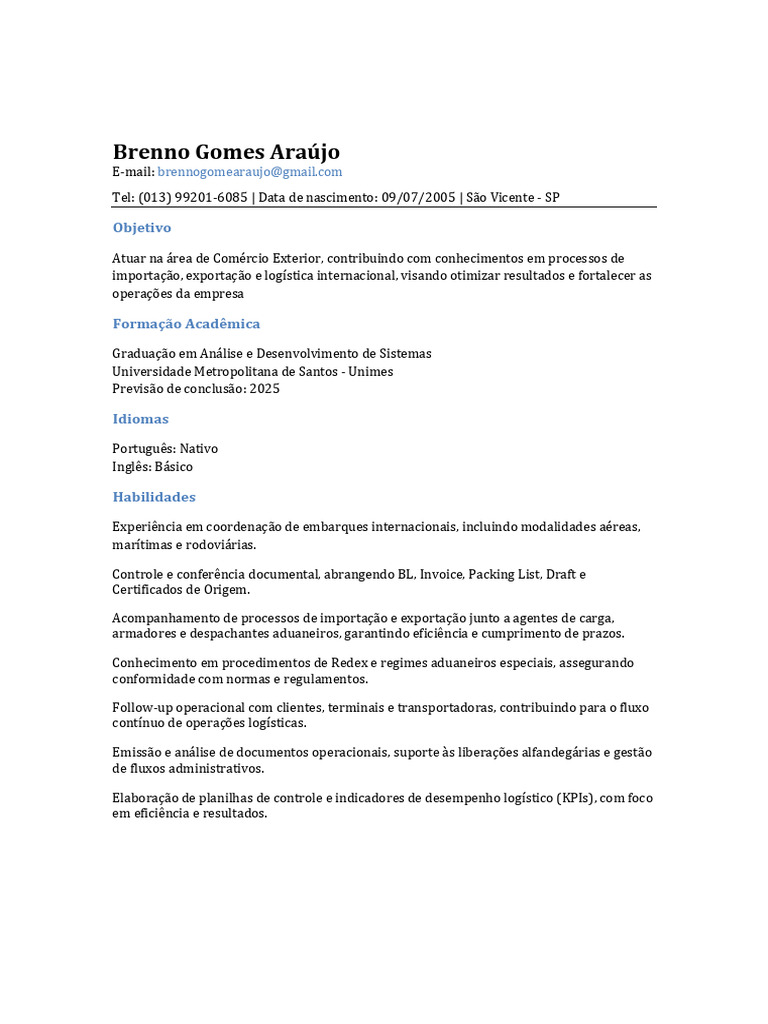 CV - Comex - Brenno Gomes Araujo | PDF | Logística | Business