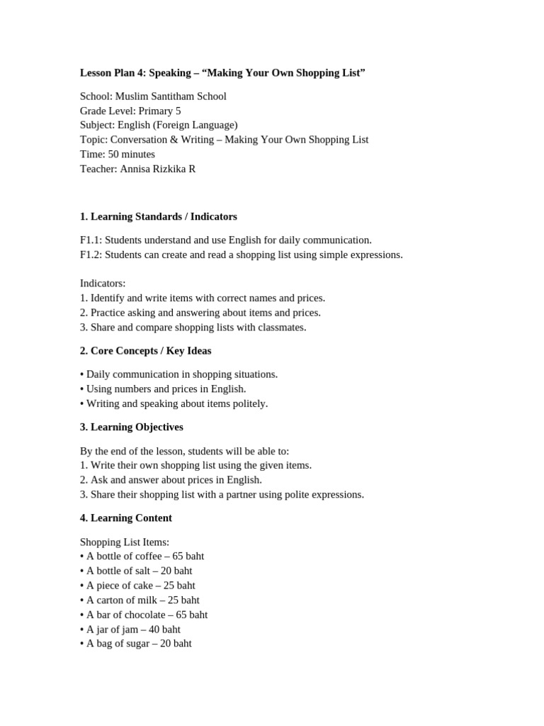 Shopping List Lesson Plan for Kids | PDF | Lesson Plan | English Language