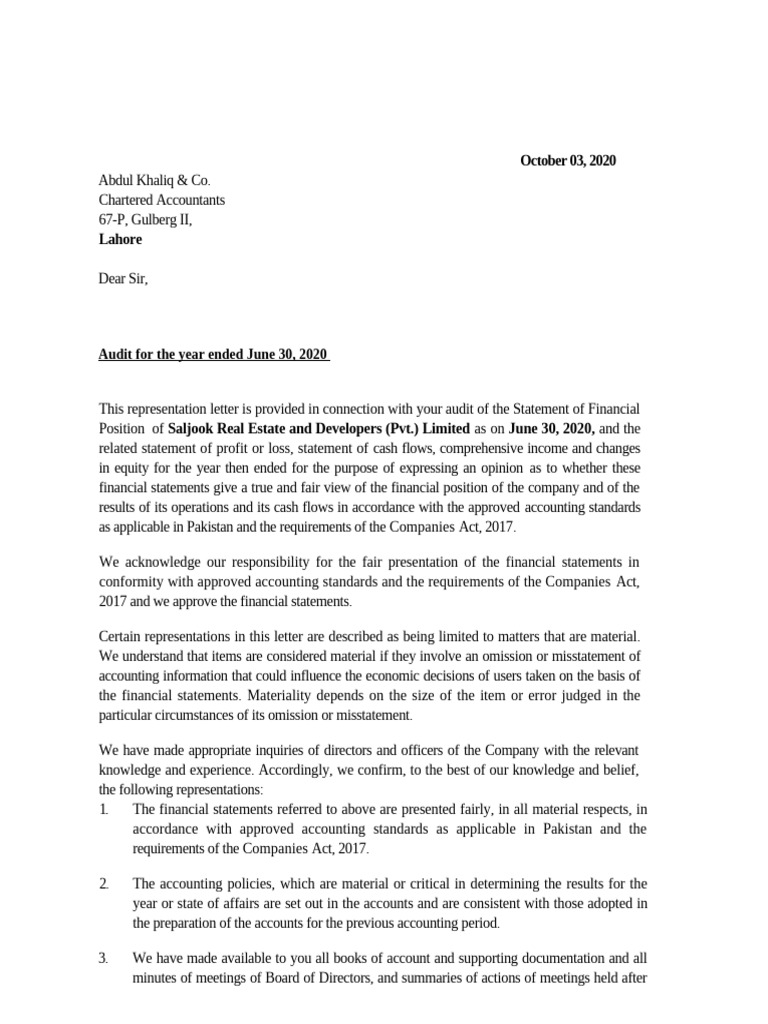 Audit Representation Letter for 2020 | PDF | Fair Value | Audit