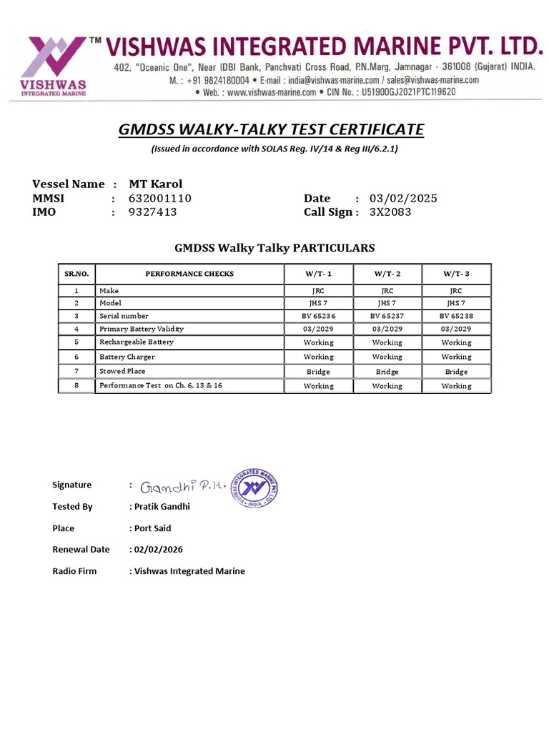 KAROL_Port Said_GMDSS Walky Talky Report | PDF