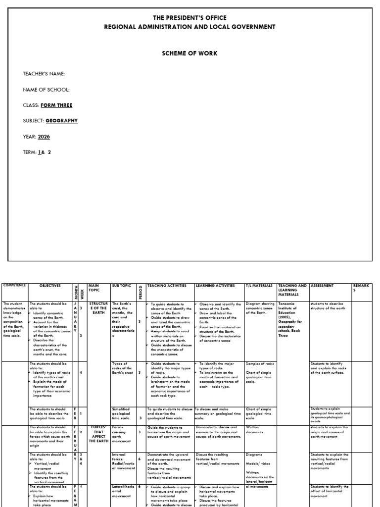 New Scheme Geog Form 3 2026 Japhet | PDF | Geology | Earthquakes