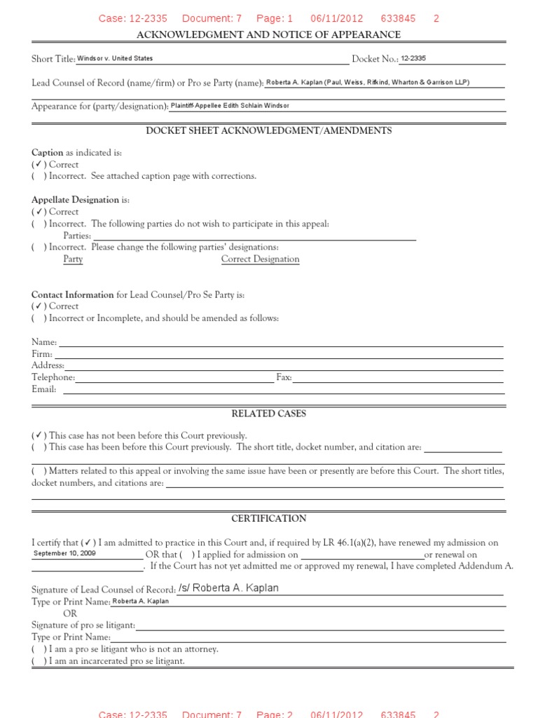 Acknowledgment and Notice of Appearance: Docket Sheet Acknowledgment ...