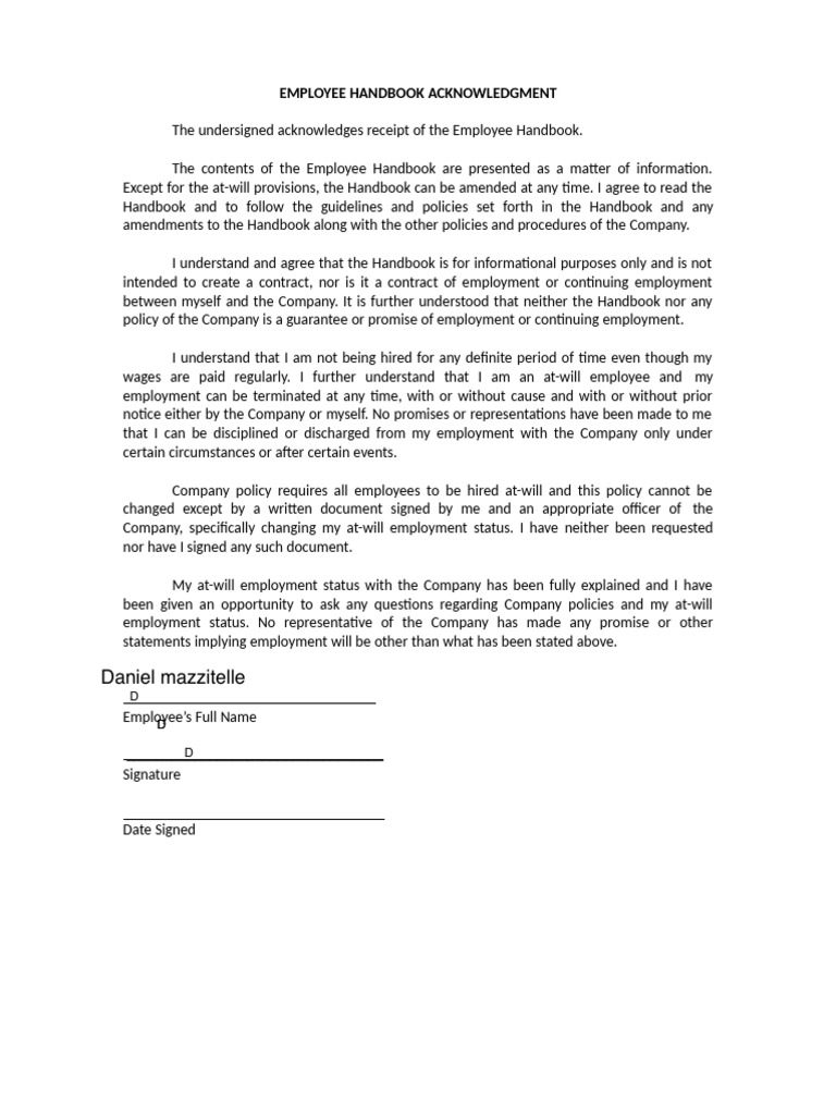 Employee Handbook Acknowledgement | PDF