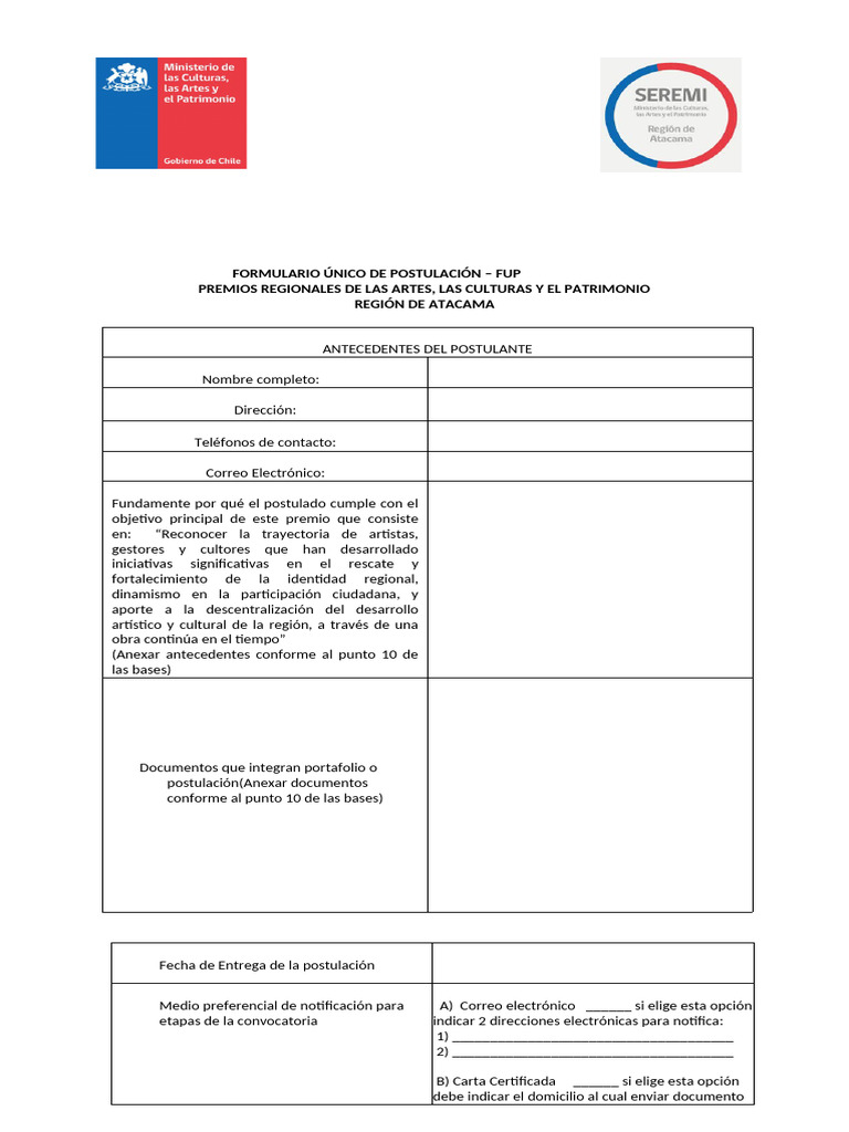 Descargar Formulario Unico de Postulacion FUP Artes y Cultura | PDF