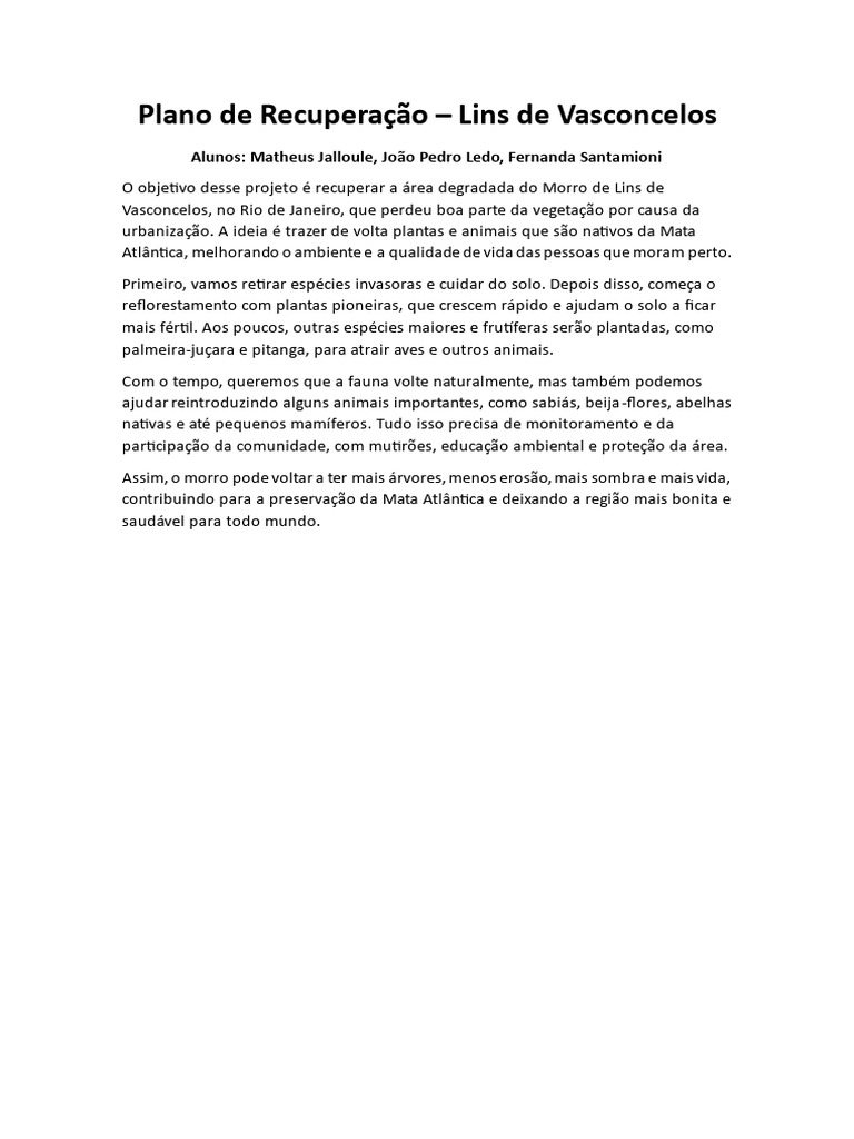 Plano de Recuperação Lins de Vasconcelos | PDF