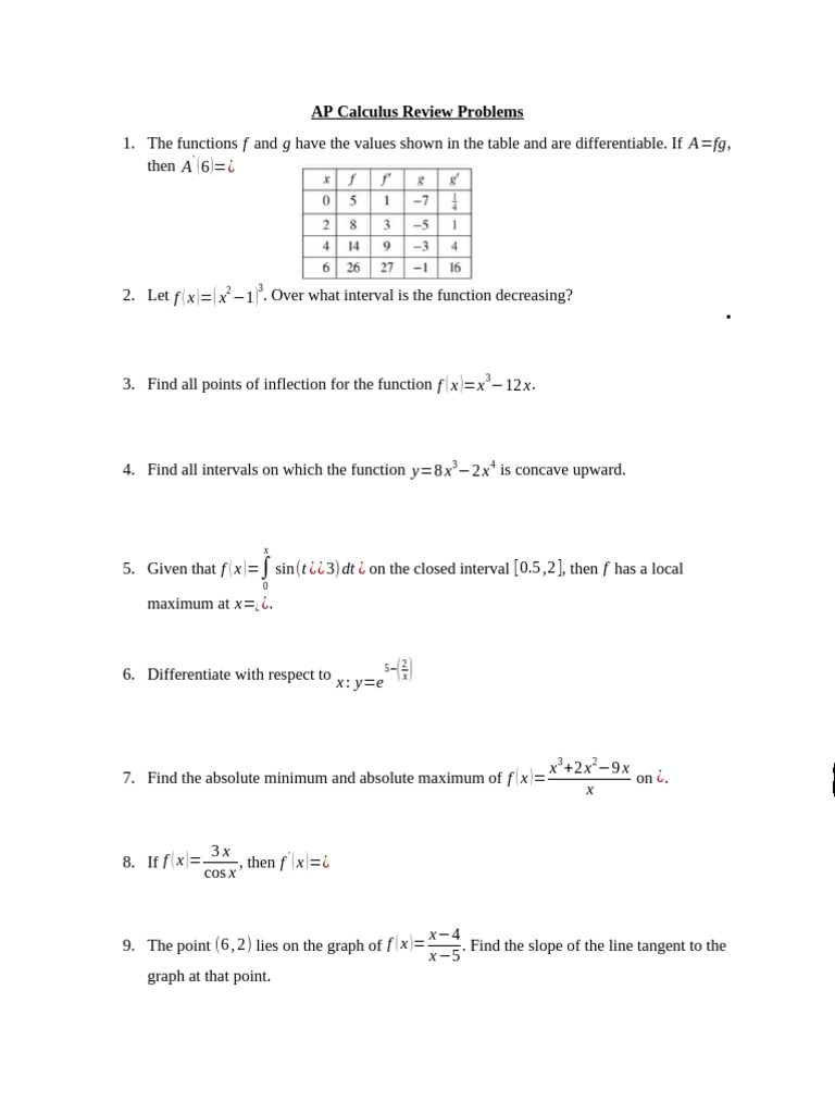 AP Calculus Review Problems and Solutions | PDF | Tangent | Derivative
