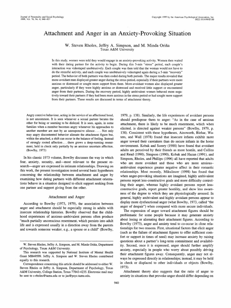 Attachment and Anger in an Anxiety-Provoking Situation | PDF ...