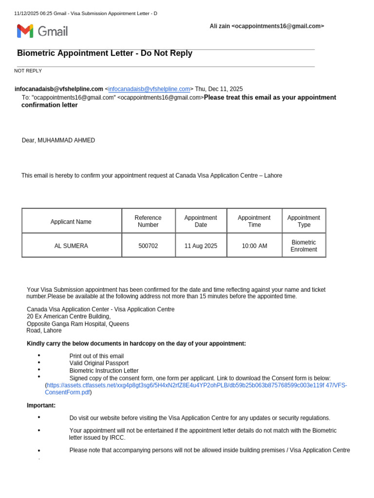 Canada Visa Submission Appointment Confirmation | PDF | Travel Visa ...