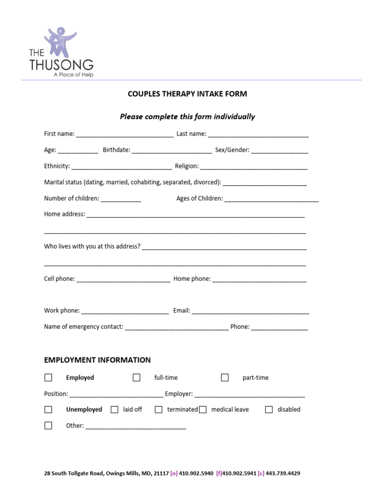 Couples Therapy Intake Form | PDF | Psychiatry | Intimate Relationships