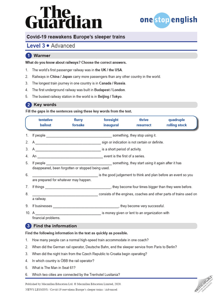Text2 Sleeper Trains Advanced Worksheet 78072 1 | PDF | Rail Transport ...